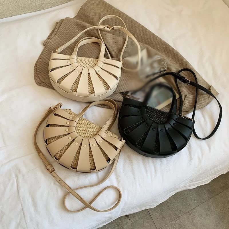 SFMZCM Semicircle +Leather Handbag Women Summer Rattan Bag Handmade Woven Beach Circle Bohemia Shoulder Bags (Color : D, Size : 1)