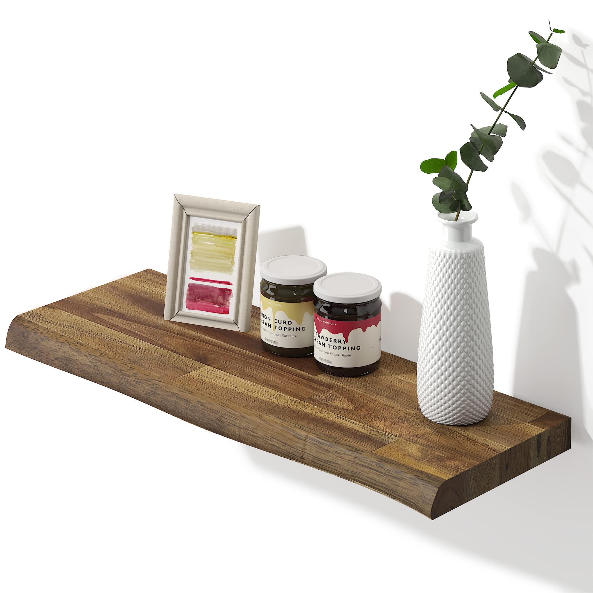 INTERBUILD REAL WOOD Wall Mounted Floating Shelf, Solid Acacia Wood with Exposed Natural Edge 47" x 10", Holds up to 22lbs. - Golden Teak