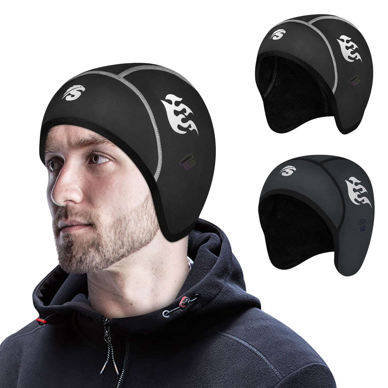 Seektop 2 Pack Skull Cap Helmet Liner for Men, Cycling Running Sweat Wicking Skullcap Beanie, Fits Under Helmets (Black&Gray New)