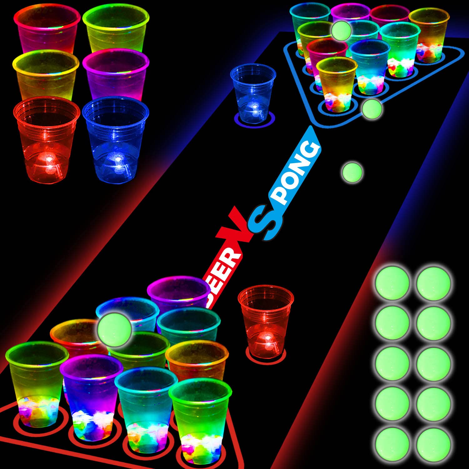 noveltymeme 45 PCS Glow in the Dark Beer Pong Table Mat, Drinking Game Pong Game with Party Cups, Glow Pongs for Indoor Outdoor Party Game Party Supplies Decoration Flashing&Red&Blue