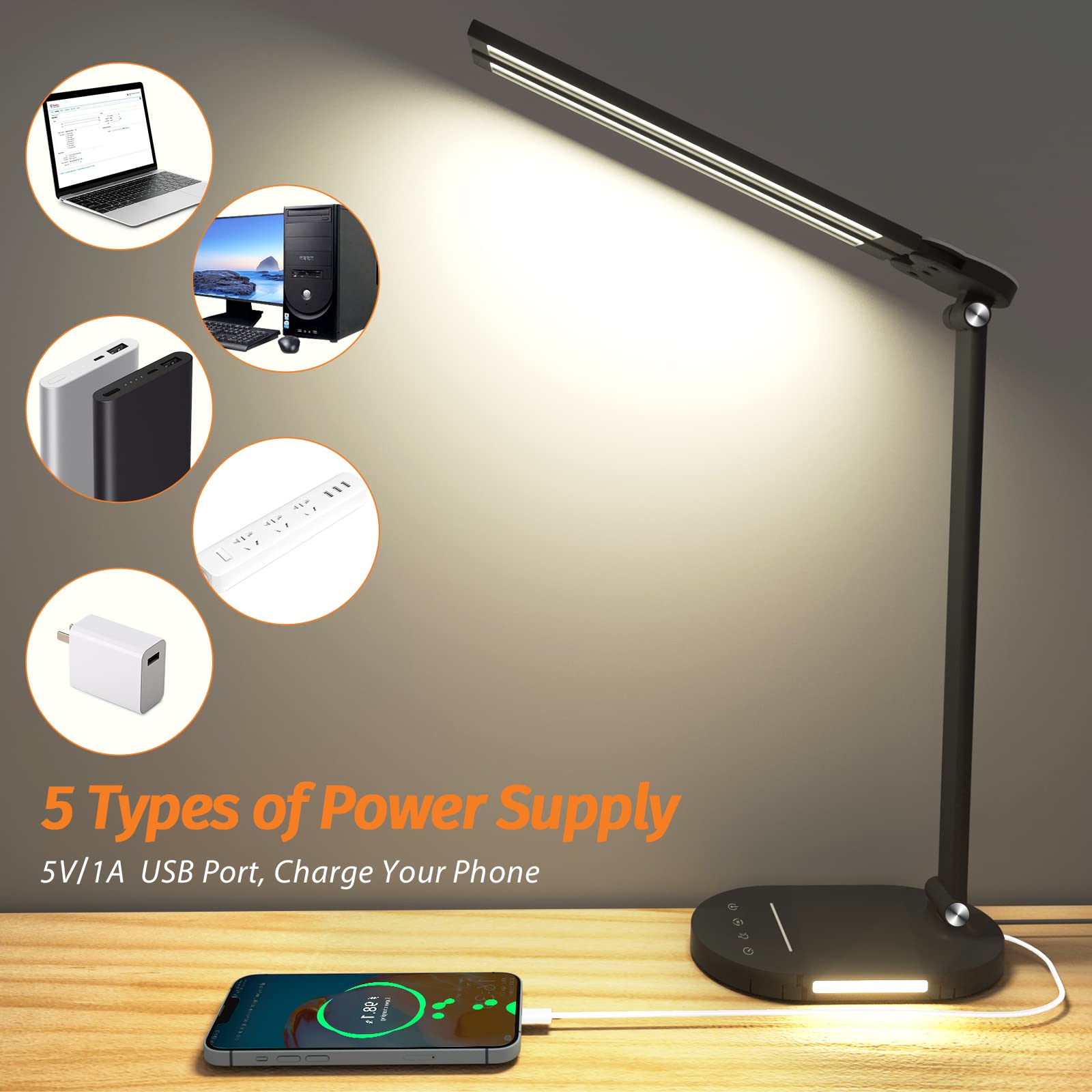 LED Desk Lamps for Home Office, Dual Swing Arm Desk Light, Dimmable Desk Lamp with USB Charging Port, Office Lamp with Night Light, 1H Timer, 5 Color Modes 5 Brightness Levels, Eye-Caring Table Lamp