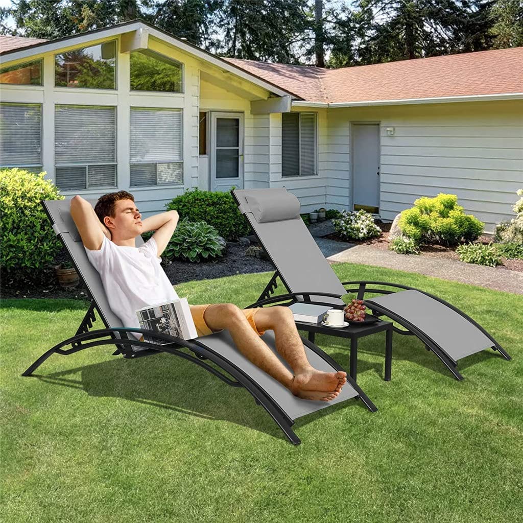 JAHH 3Pcs Sun Lounger Recliner Set Aluminum Chaise Lounges,Reclining Chair with 5 Adjustable Backrest, Head Cushion, Table for Garden