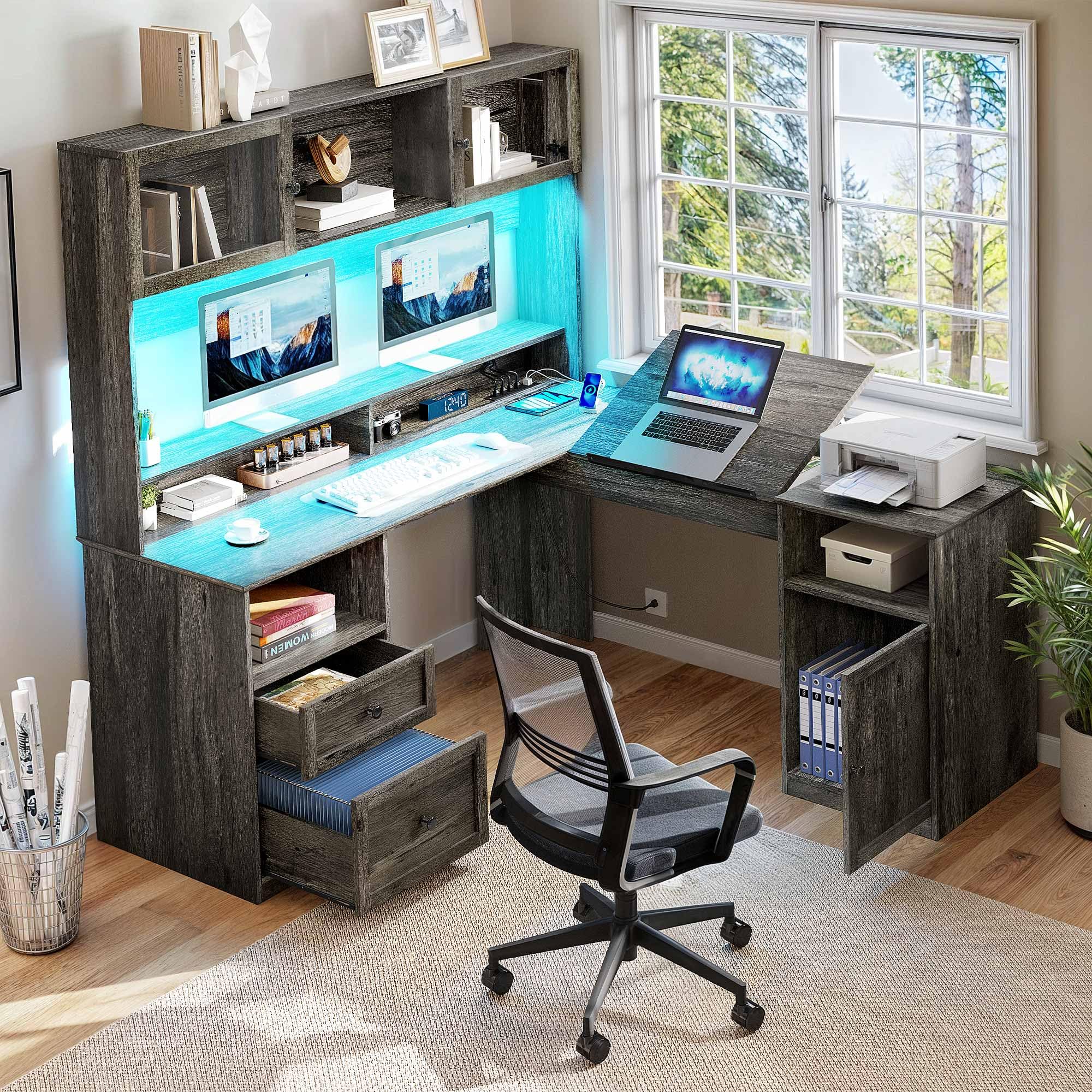 YITAHOME L Shaped Desk with Drawers & Hutch, 61" Computer Desk with Power Outlets & LED Lights, Corner Office Desk with Storage Cabinet, Drafting Table, Wood Desk, Grey