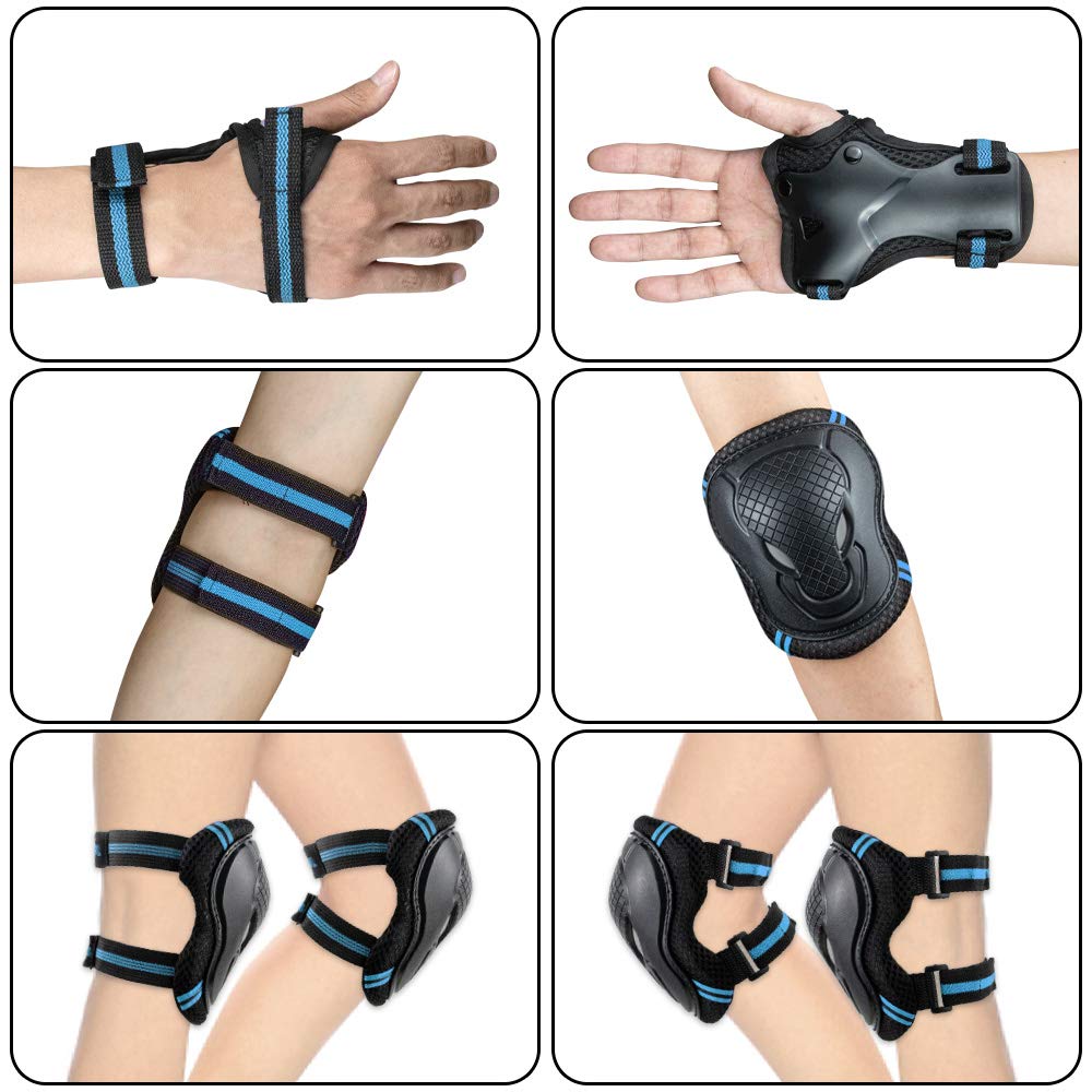 Labeol 6 Pack Kids & Adults Skateboard Ice Roller Skating Protective Gear Elbow Pads Wrist Guard Cycling Riding Knee Protector Set (Black and Blue, Medium)