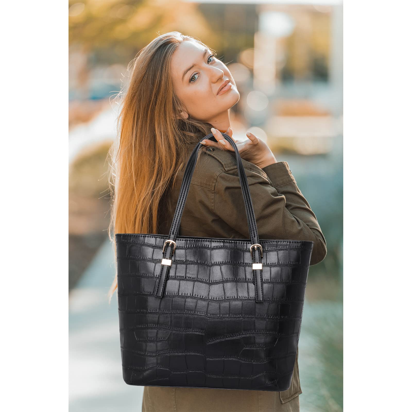 Montana West Handbags Crocodile Pattern Purses for Women Tote Bag Top-Handle Pu Leather Shoulder Bags B2B-MWC-027BK