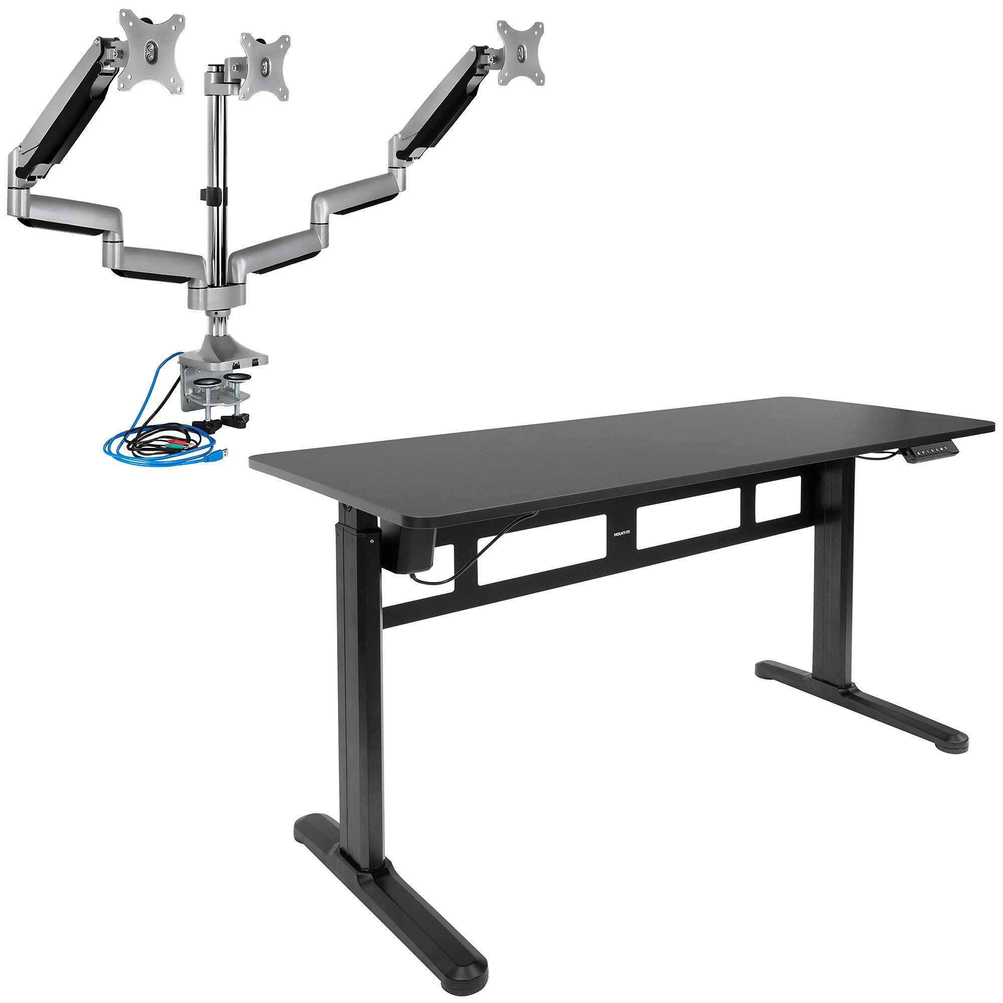 Mount-It! Triple Monitor Mount with USB and Audio Ports, Height Adjustable Arms for 24-32 Inch Screens Bundled with Electric Standing Desk [55.1" x 23.6"] Memory Control Panel, Adjustable Tabletop