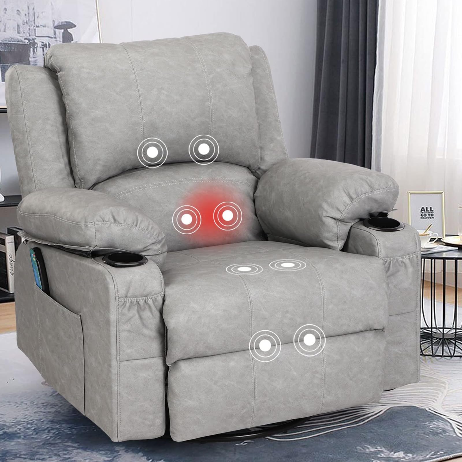 KCREAM Swivel Recliner Chairs with Massage and Heat,Leather Recliner Chairs Sofa Rocker Chair with Side Pocket Manual Reclining Chair Rocking Recliner with Drink Holders for Living Room,Grey