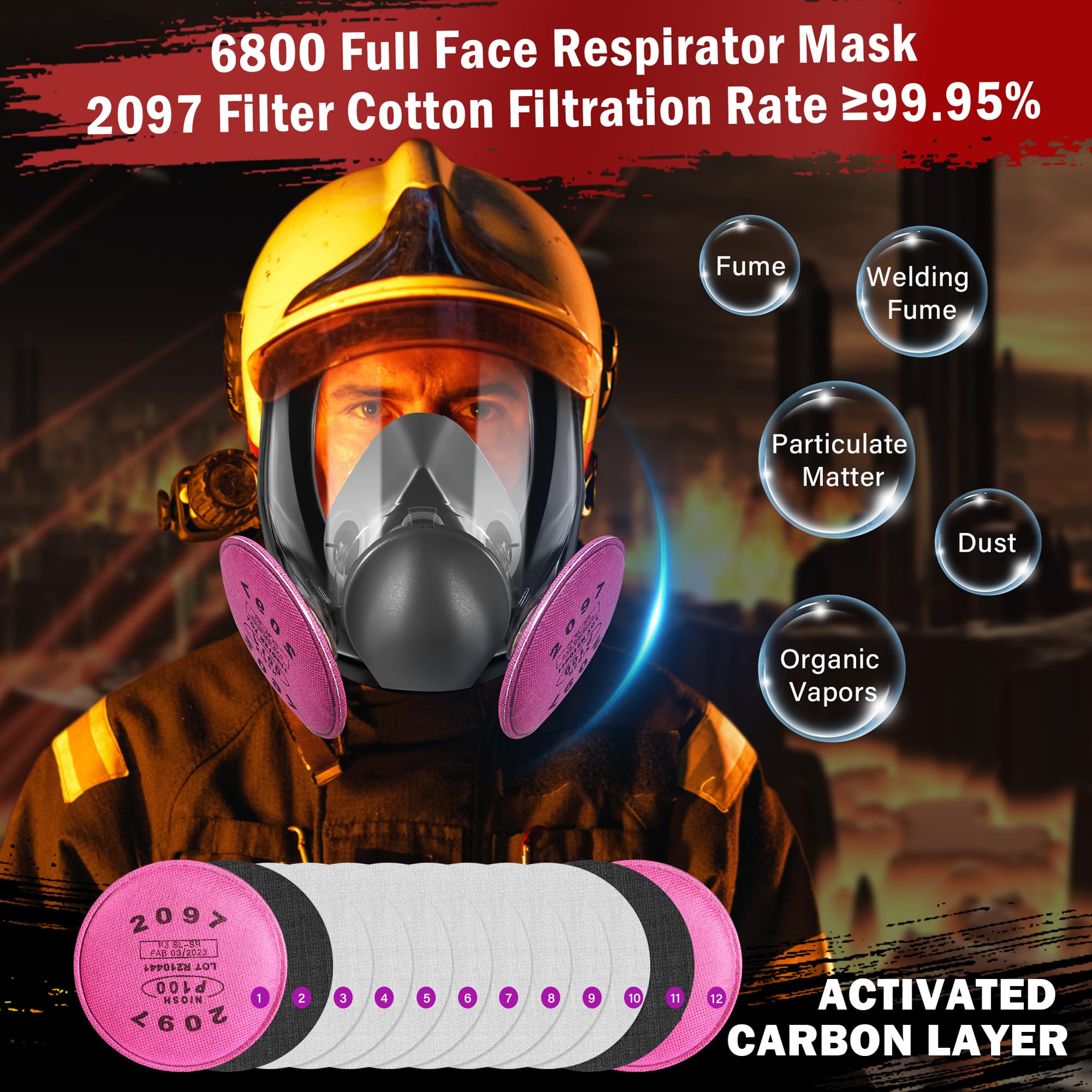 VITIJY Full Face Respirator Mask - 6800 Reusable Gas Mask with Filters 60923 & 2097 for Painting, Mechanical Polishing, logging, Welding, Dust, Sanding & Cutting