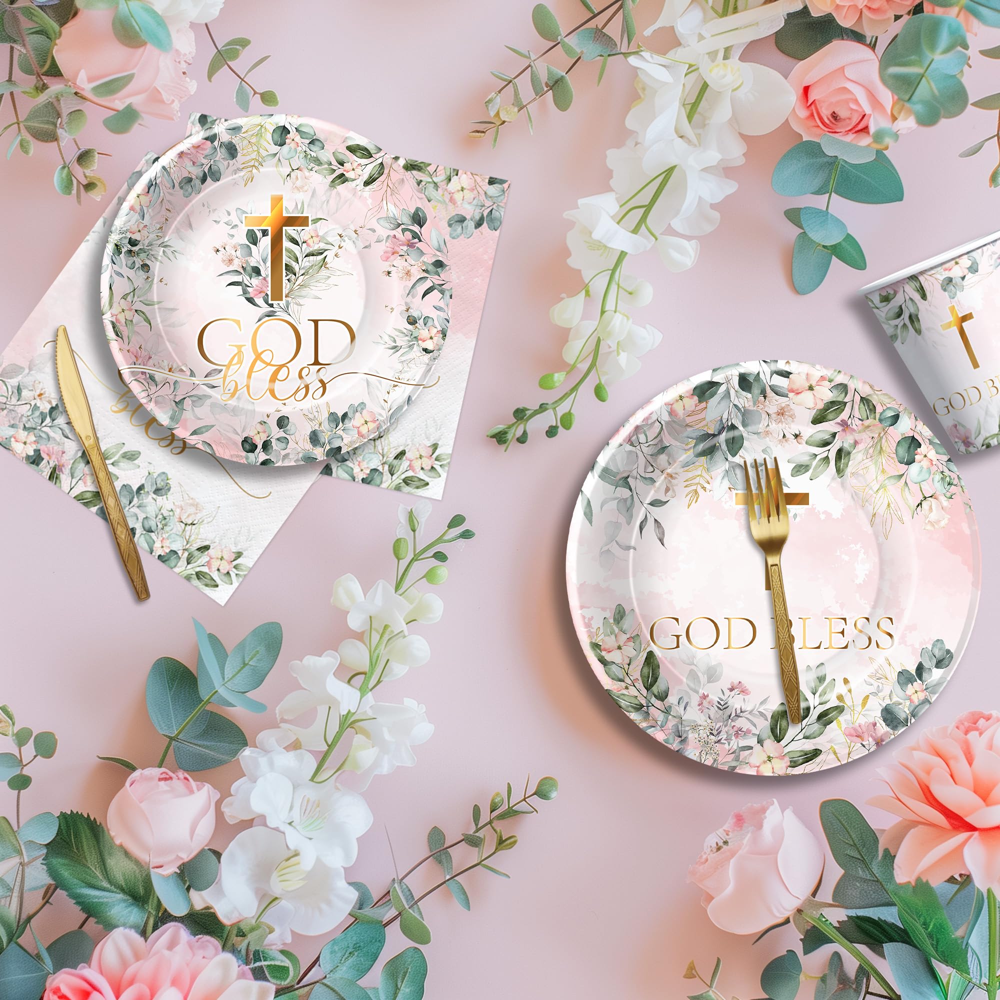 Suhelkit God Bless Baptism Plates And Napkins Girl - First Communion Decorations Party Tableware, Plate, Cup, Napkin, Tablecloth, Cutlery, For Christening Celebration Baby Shower Religious | Serve 24