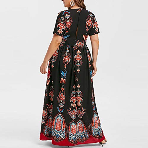 Pinkpaopao Plus Size Short Sleeve Dress for Women Butterfly Pattern Long Dress Deep V Neck Pleated Split Maxi Dress