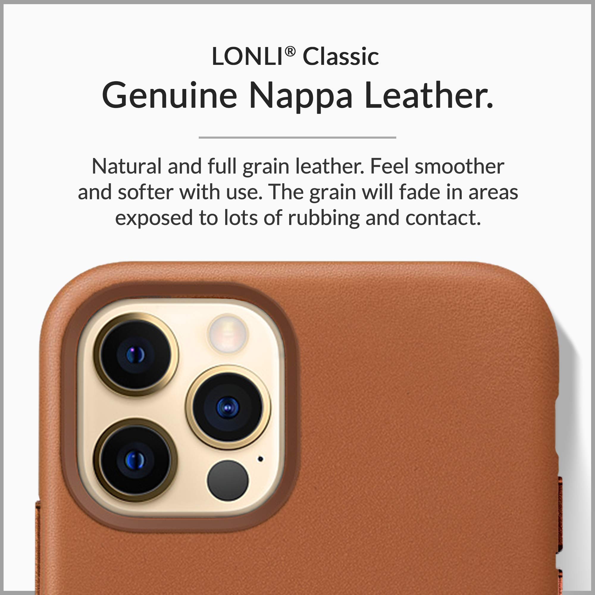 LONLI Classic | Genuine Nappa Leather Case with Built-in Magnets for MagSafe - for Apple iPhone 12 | 12 Pro - (6.1 inch, Caramel)