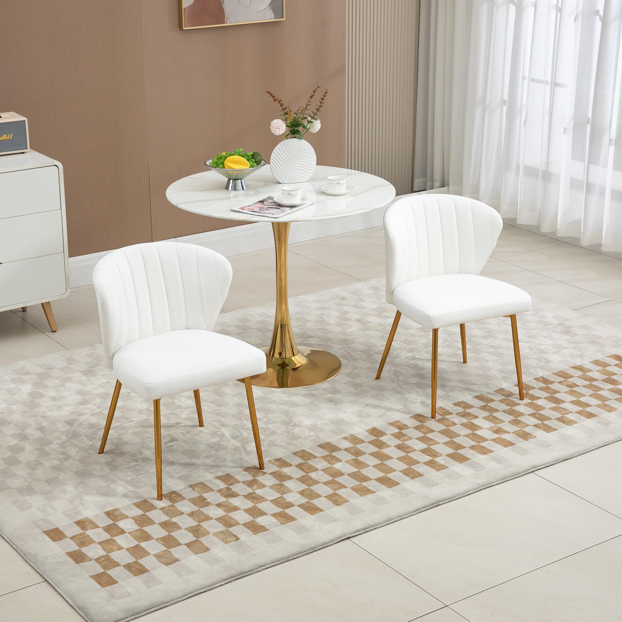 KASUE Dining Chairs Set of 6, Velvet Upholstered Dining Chairs with Gold Metal Legs, Modern Accent Chairs for Living Room, Dining Room, Kitchen (White)