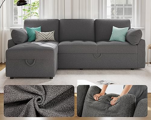 VanAcc Pull Out Sofa Bed, Modern Tufted Convertible Sleeper Sofa, Boucle Sleeper Sectional Couch Bed with Storage Chaise, L Shaped Sofa Couch for Living Room (Grey)
