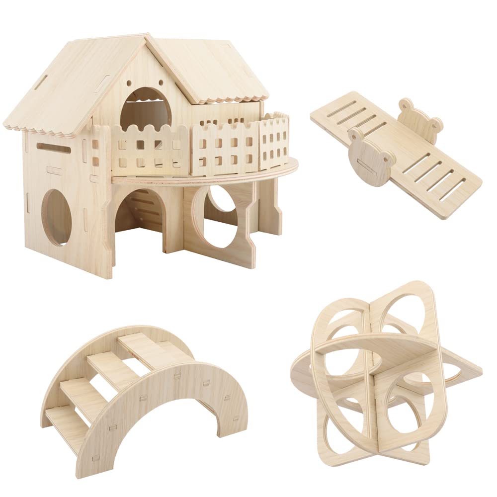 kcrygogo Hamster Maze Wood House Fun Slide House Double-Decker Hut with Stair and Exercise Chew Toys for Dwarf Gerbil Mouse Mice Rat Tiny Animals