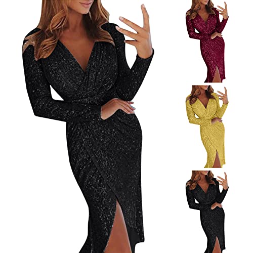 Pinkpaopao Sequins Party Dress for Women Deep V Neck Long Sleeve Solid Color Wrap Slip Long Dress