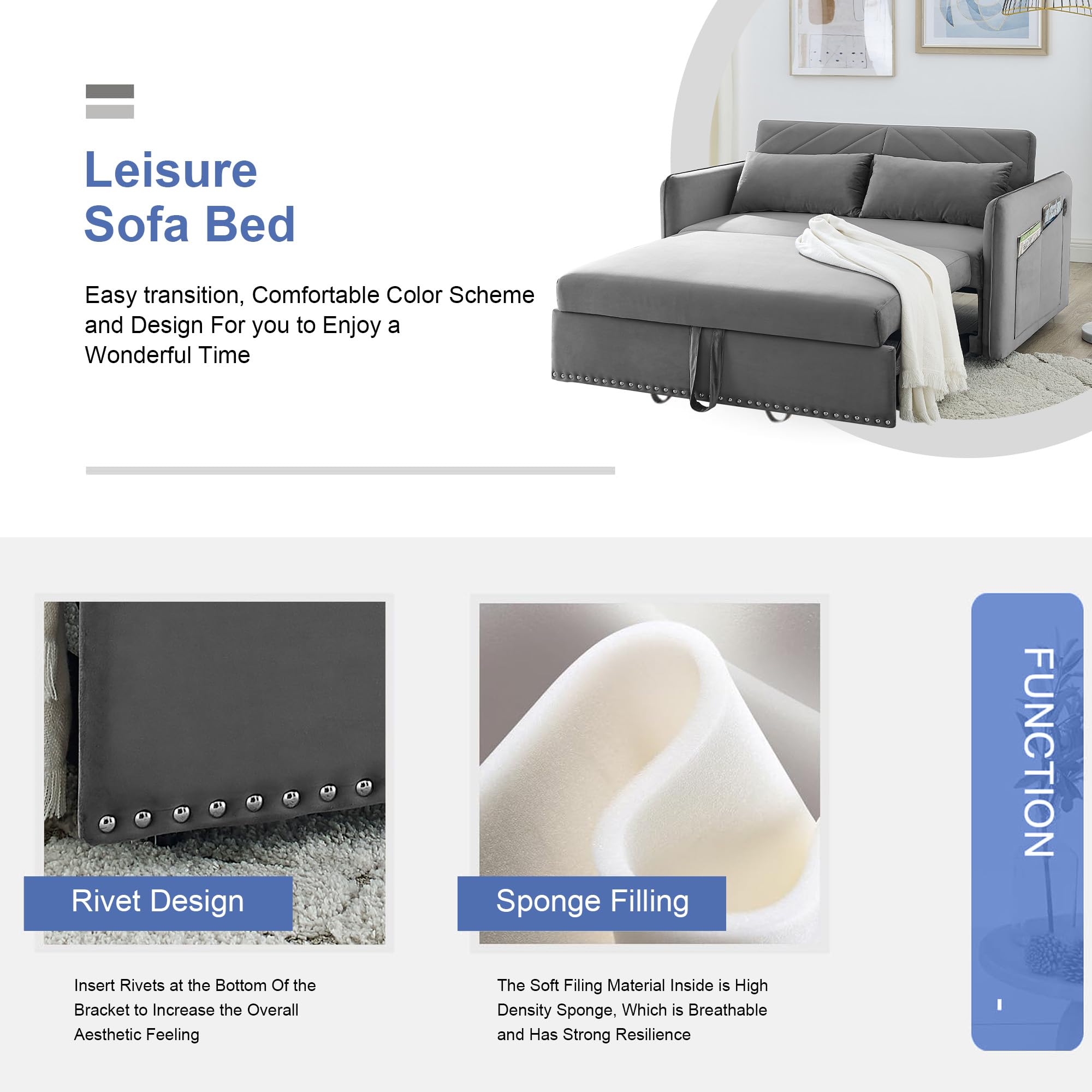 SumKea Loveseat Sleeper USB Port Pull Out Couch with Nailhead Trim, 3 in 1 Sofa Bed Adjustable Backrest with 2 Pillows, Grey