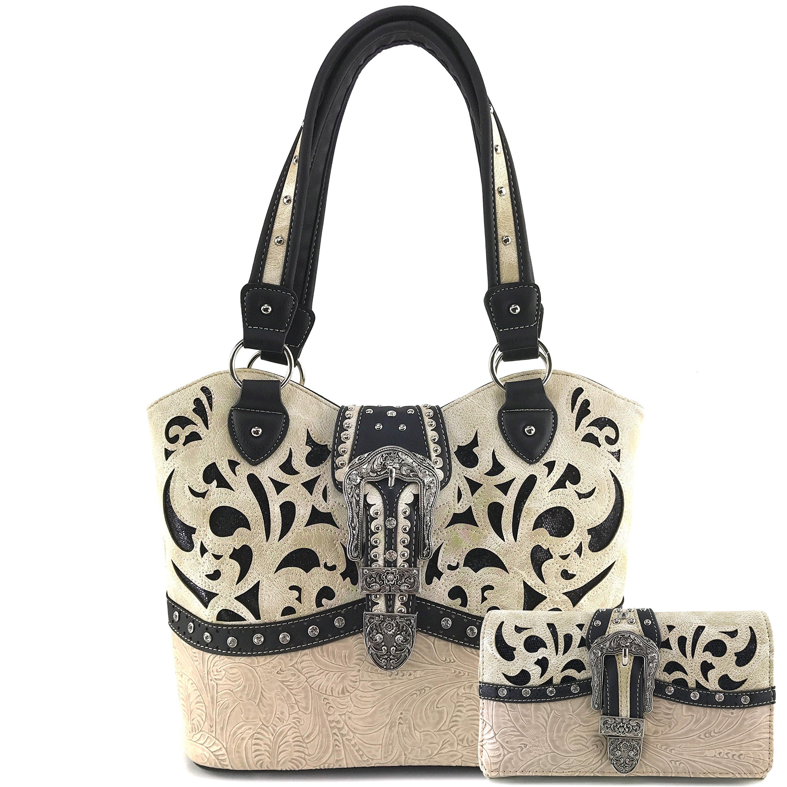 Justin West Tooled Floral Embroidery Buckle Studded Concealed Carry Tote Purse (Beige Purse Wallet Set)