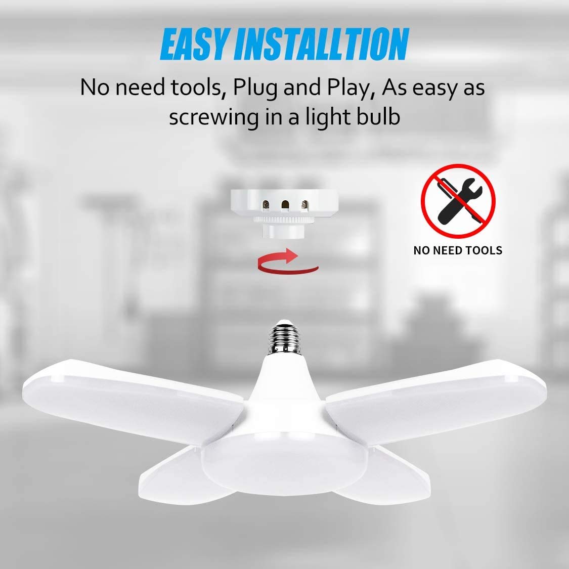 LED Garage Lights, 60W 6000LM Deformable Garage Light with Extension Lamp Holders, E26 Daylight White with 4 Adjustable Panels, 6500K LED Shop Lights for Garage Basement Warehouse Workshop