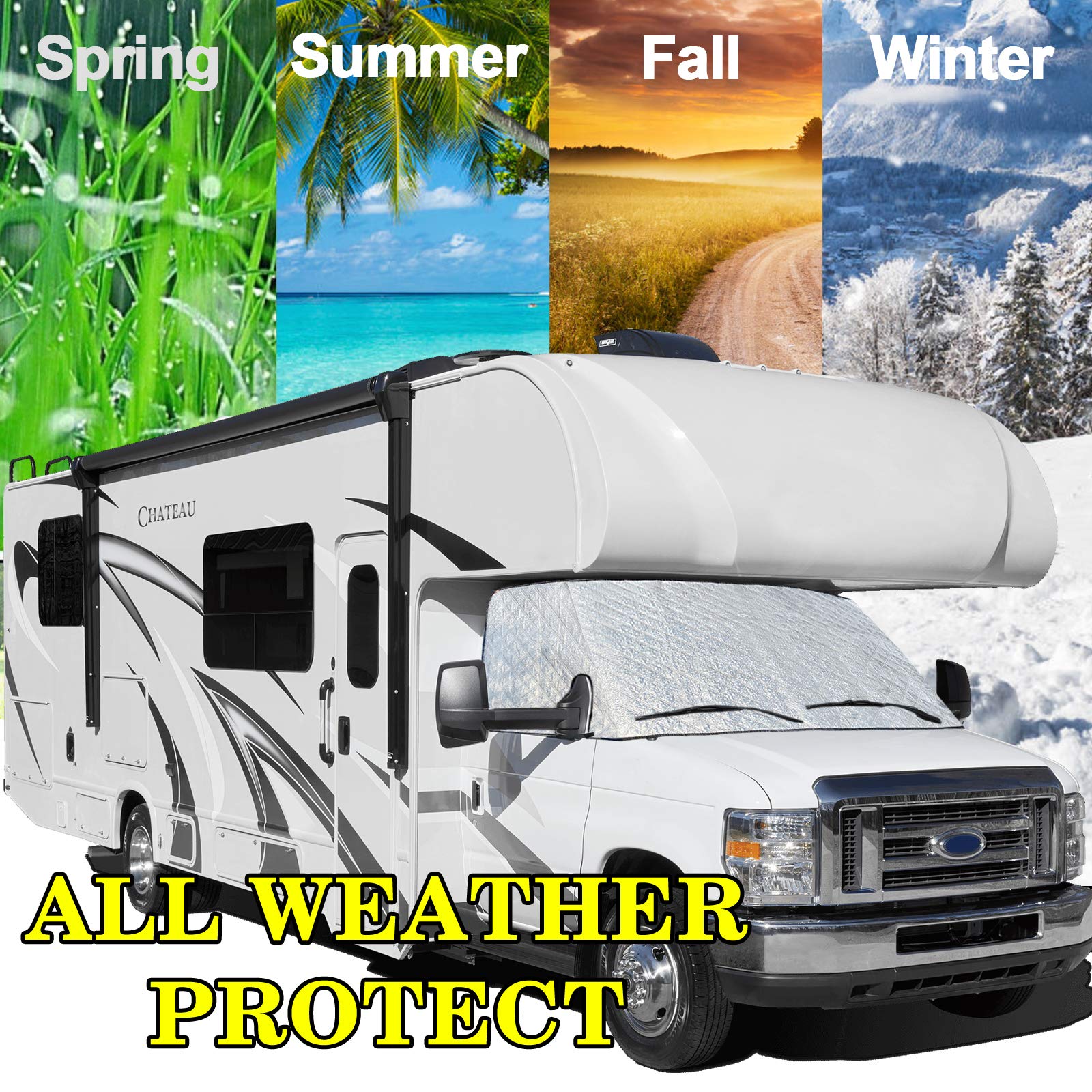 MOFEEZ RV Windshield Cover Compatible with Class C Ford 1997-2021, UV Block Offer Complete Privacy with Light Preserves Interior (White Color with Mirror Cutouts)