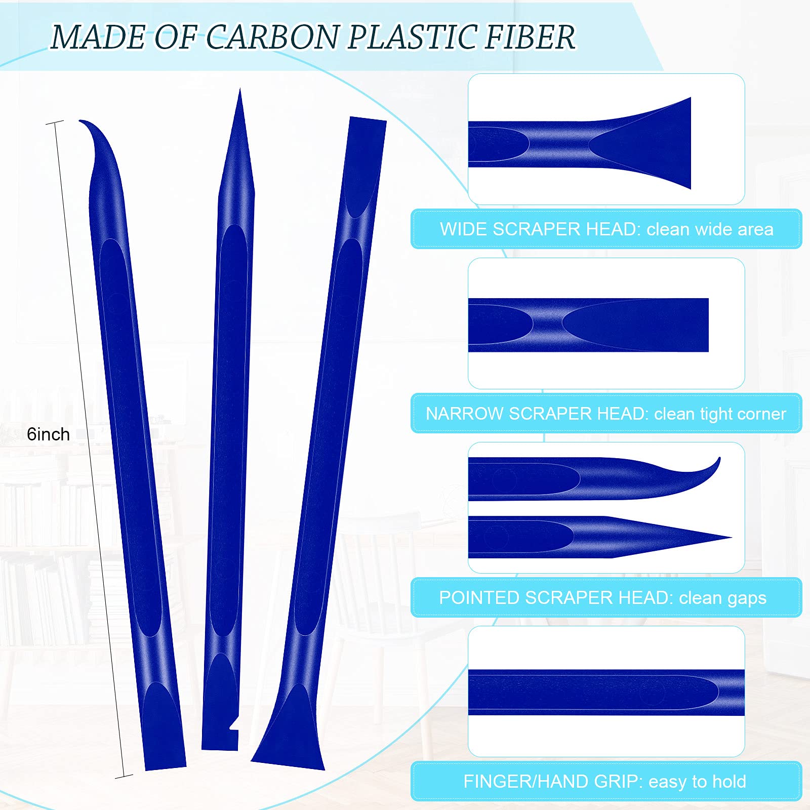 Non-Scratch Plastic Scraper Tool Carbon Fiber Plastic Cleaning Scraper Tool Pen-shaped Scraper Tool Stiff Scraper Cleaning Tool for Kitchen Sticker Scratch Cleaning (6, Blue)