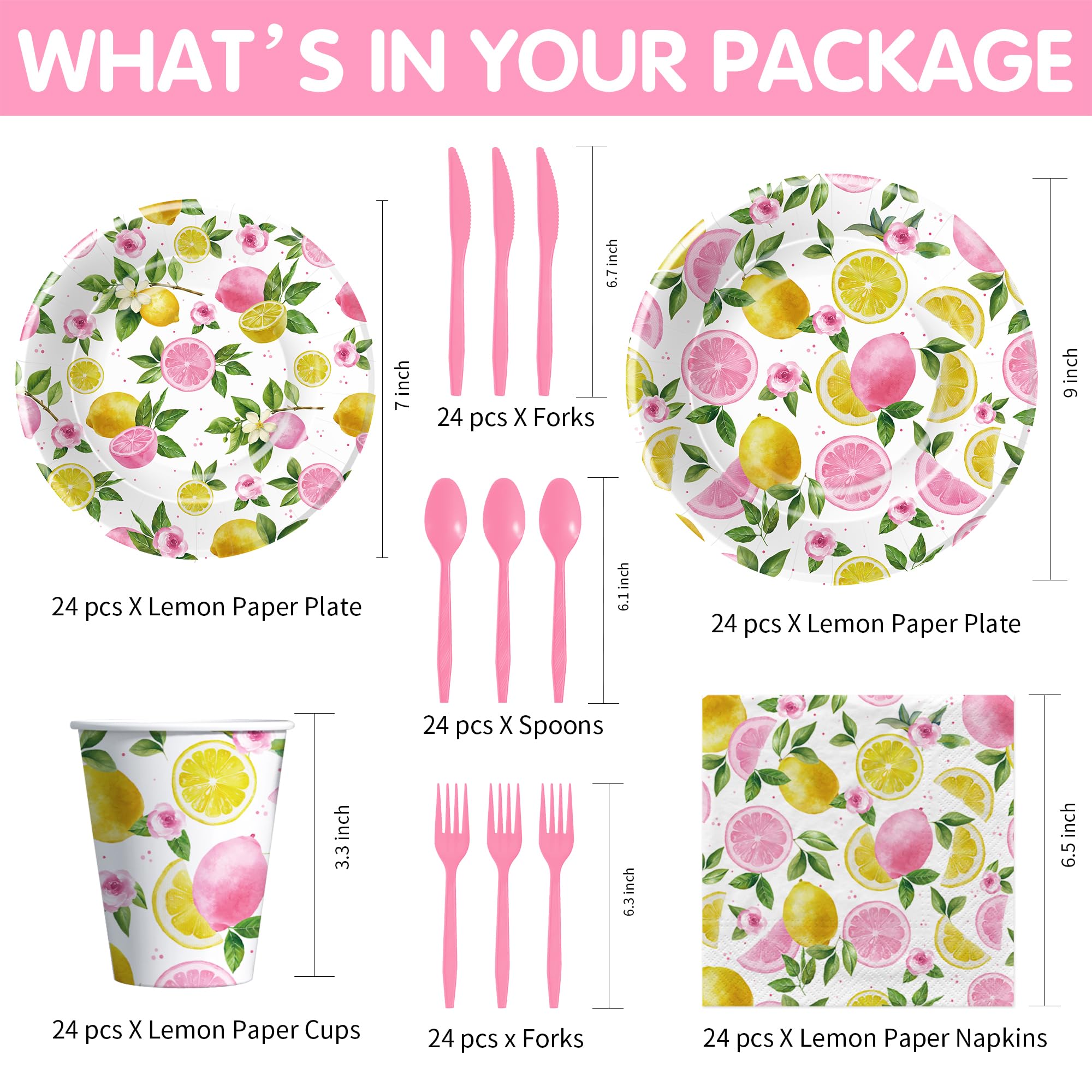 Suhelkit Lemon Party Decorations Tableware For Girls - Lemon Birthday Party Supplies, Plate, Napkin, Cup, Cutlery, Summer Pink Lemon Baby Shower Bridal Shower Table Decorations Dinnerware | 24 Guests