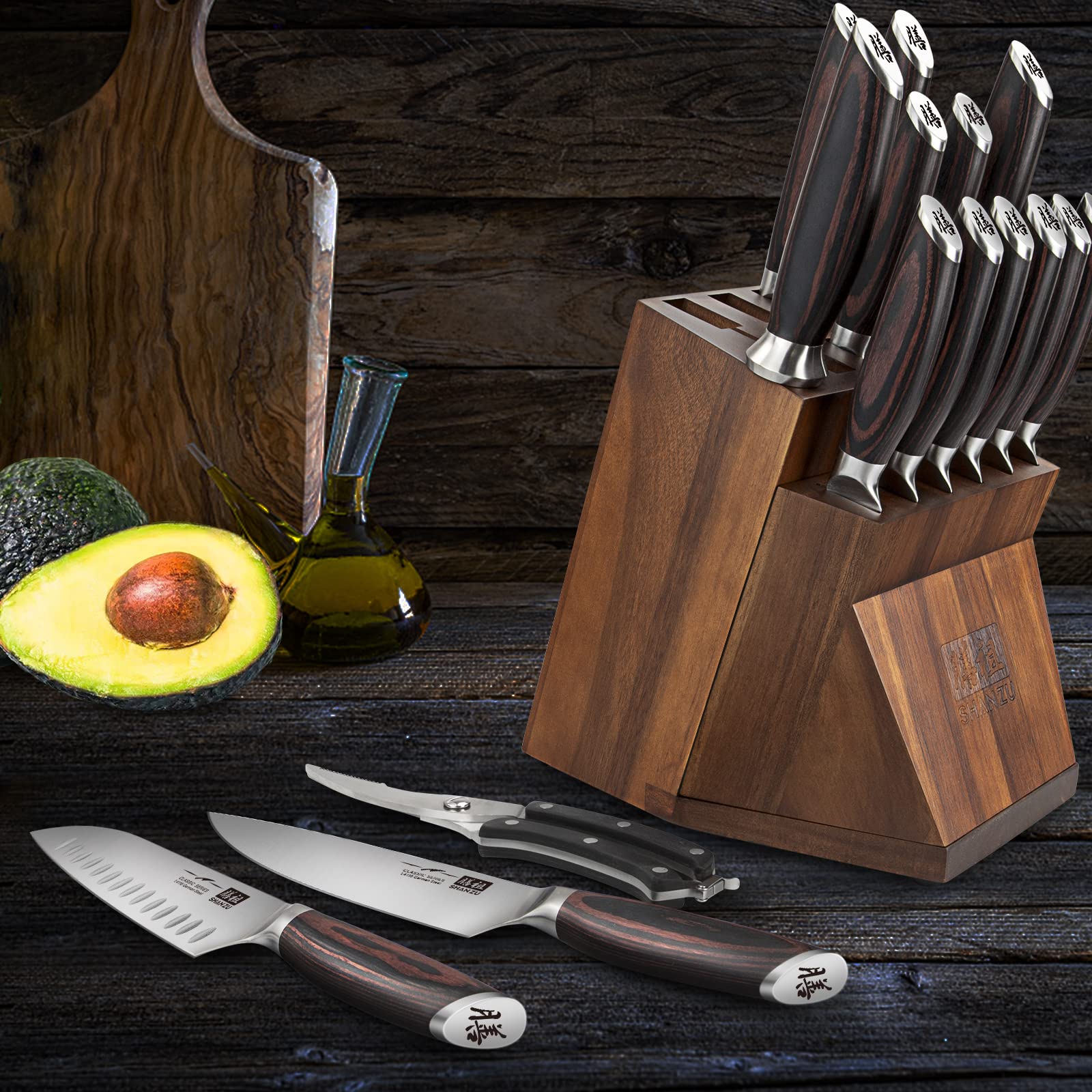 SHAN ZU Knife Set for Kitchen with 2 in 1 Knife Block, 16 Pieces German Steel Professional Chef Knife & Steak Knife Set, Ultra Sharp Kitchen Knives Set with Sharpener