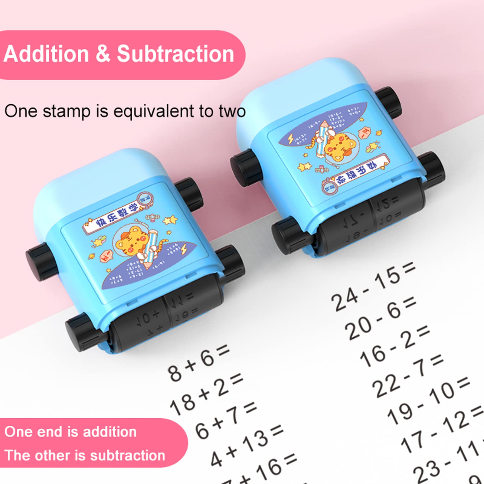 Teaching Stamps for Kids,2 in 1 Math Practice Stamps Within 100,Addition and Subtraction Dual Head Smart Math Roller Stamp,Math Learning Toy for Preschool Kindergarten Classroom Supplies Pink