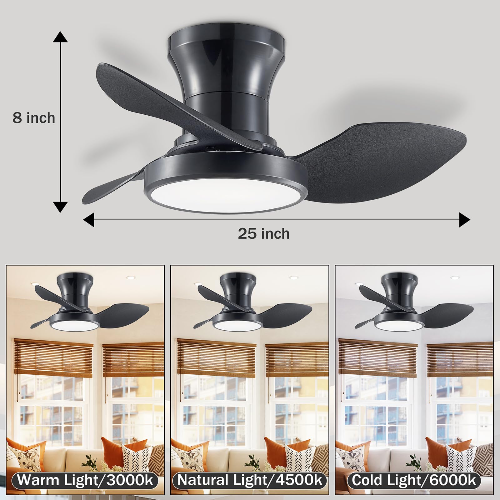 Keejeenb Ceiling Fan with Light Remote Control 25 Inch, White LED Ceiling Fan with Light, Large Air Volume Quiet Reversible Modern Ceiling Fan for Bedroom, Living Room, Patio (Black)