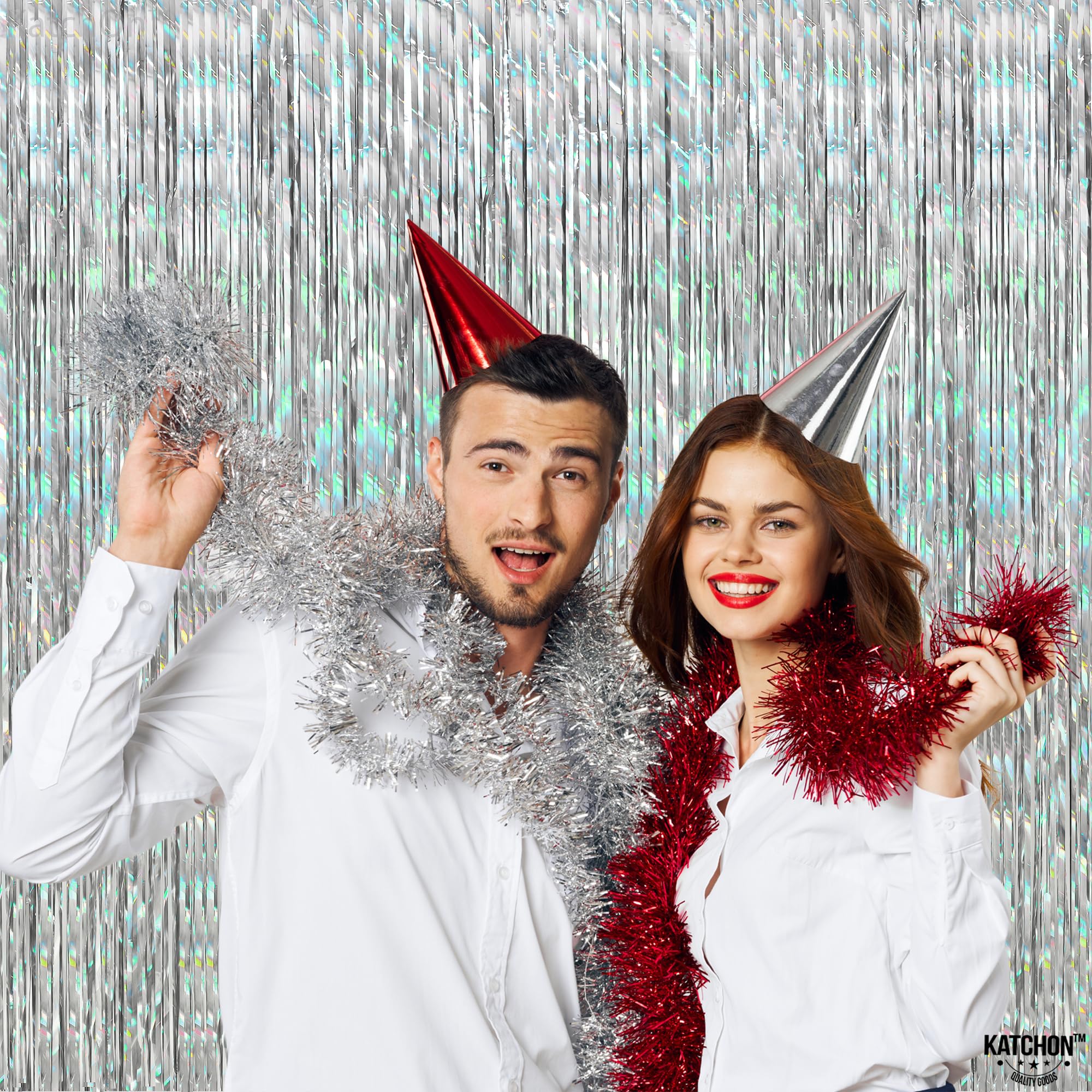 KatchOn, Holographic Silver Streamer Backdrop - XtraLarge 3.2x8 Feet, Pack of 2 | Silver Fringe Backdrop for Silver Streamers Party Decorations | Silver Tinsel Backdrop for Disco Party Decorations