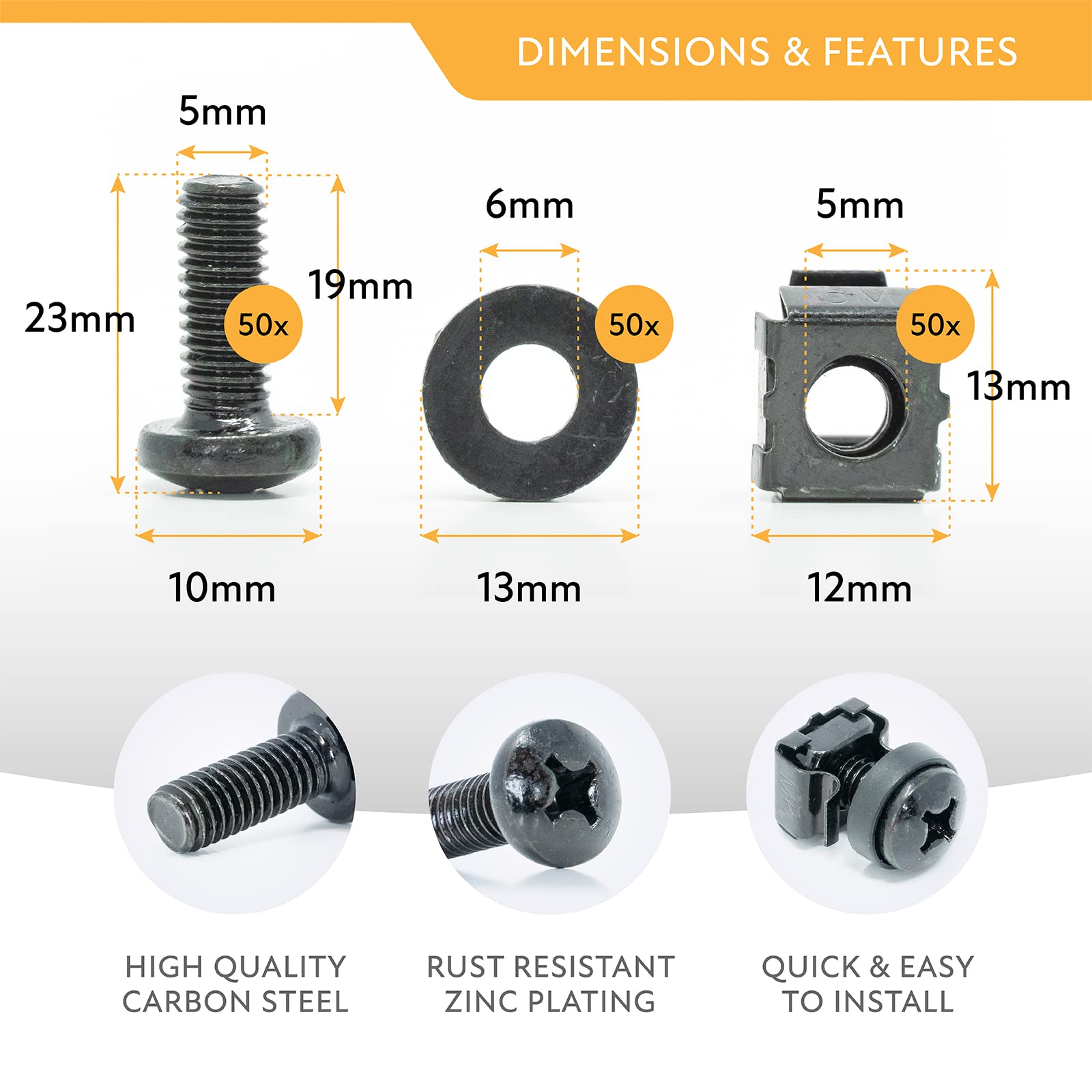 M5 Rack Screws, Cage Nuts and Nylon Washers (5mm x 19mm Screws, 50 Sets, Black) Rack Mount Screws for Server Console Mounting, Routers, Enclosures, Cabinets. Carbon Steel with Rust Resistant Zinc