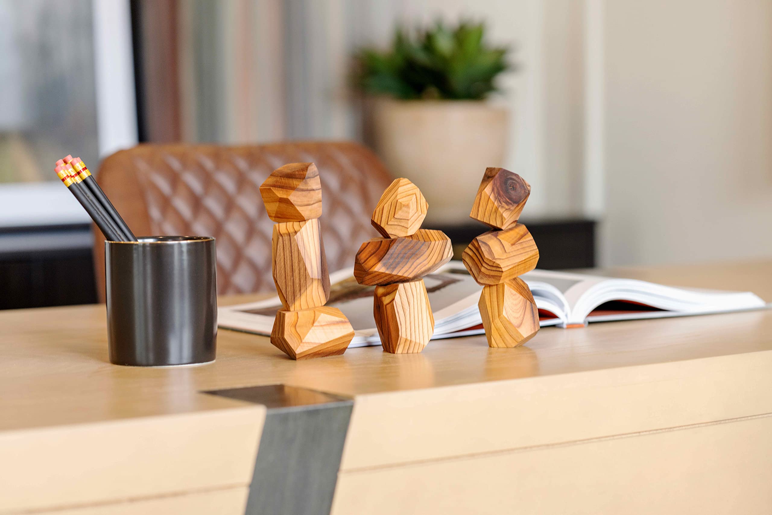 PERCHED Natural Cedar Stacking Rocks, Large Wooden Blocks, Montessori Puzzle Game, Toddler Toys For Classroom, Wood Balancing Stones Set (9 Pc)