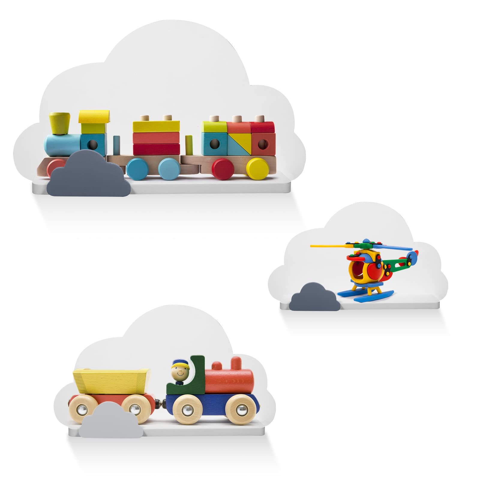 TopKai Set of 3 Cloud Shelves for Kidsâ Room â Wooden Floating Wall Shelf Cloud Decorations, Floating Book Shelves for Baby Room DĂ©cor or Nursery, Stylish & Easy to Install