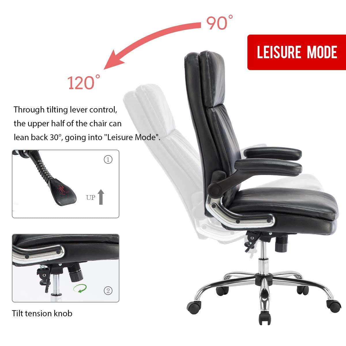 KERMS Executive Office Chair PU Leather Desk Chair with Lumbar Support and Flip Up Arms, High Back Office Chair Adjustable Recline Locking, Black