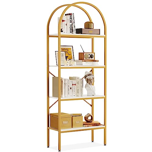 YITAHOME Gold Bookshelf and Bookcase, 71.3” Tall Modern Open Arched Book Shelf, 4-Tier Freestanding Storage Display Rack Shelves for Bedroom,Living Room,Office,Kitchen, White&Gold