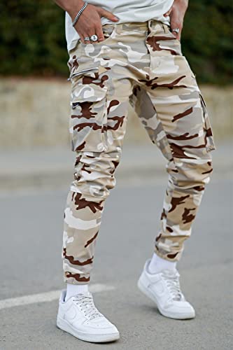 Men's Cargo Joggers Work Camo Chino Utility Combat Pants with Pockets(Light Khaki Camo,34)