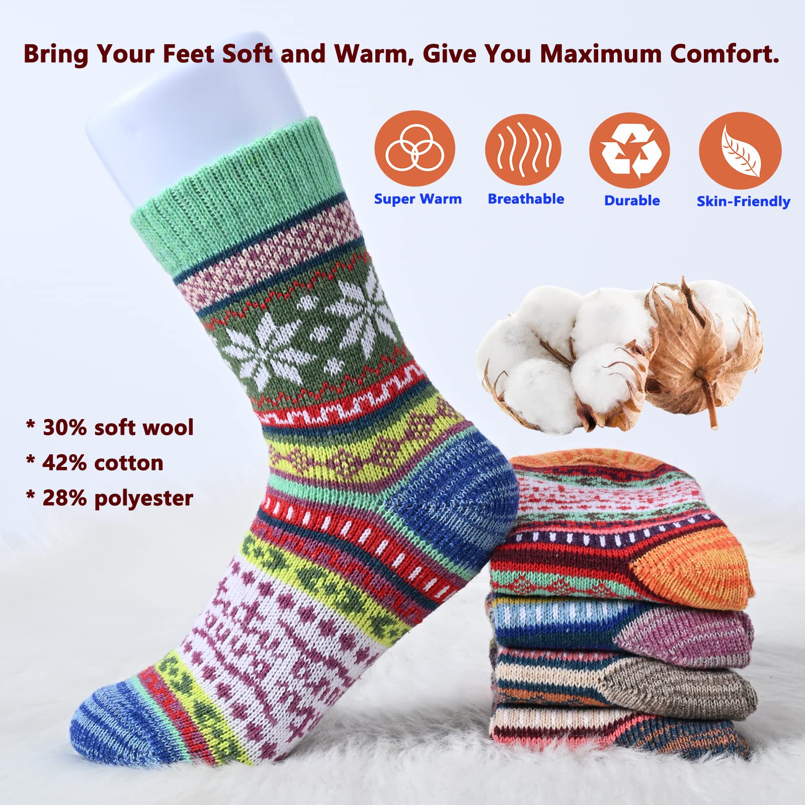 QIYISS 5 Pack Womens Wool Socks Winter - Soft Warm Cold Knit Wool Crew Socks Christmas Gift Socks for Women Vintage Casual Socks