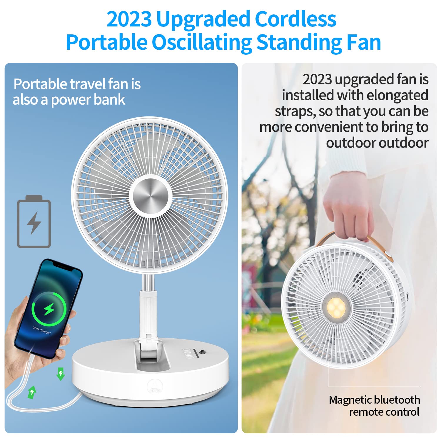 Portable Oscillating Standing Fan with Remote Controller, 4 Speed 8" Foldable Desk Fan, 7200mAh Rechargeable Battery Powered Pedestal Fan for Camping, Adjustable Height Great for Office Home Outdoor