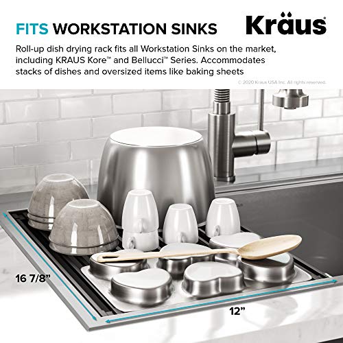 Kraus KRM-11LG Multipurpose Over Sink Roll-Up Dish Drying Rack, Light Grey, 16.88" x 12" x .38"