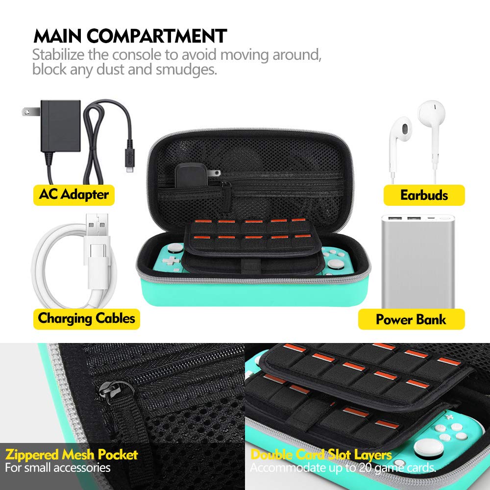 MoKo Carry Case Compatible with Nintendo Switch Lite, Fits AC Wall Charger Adapter, Protective Hard Shell Travel Carrying Case Pouch Compatible with Switch Lite with 20 Games Cartridges - Turquoise