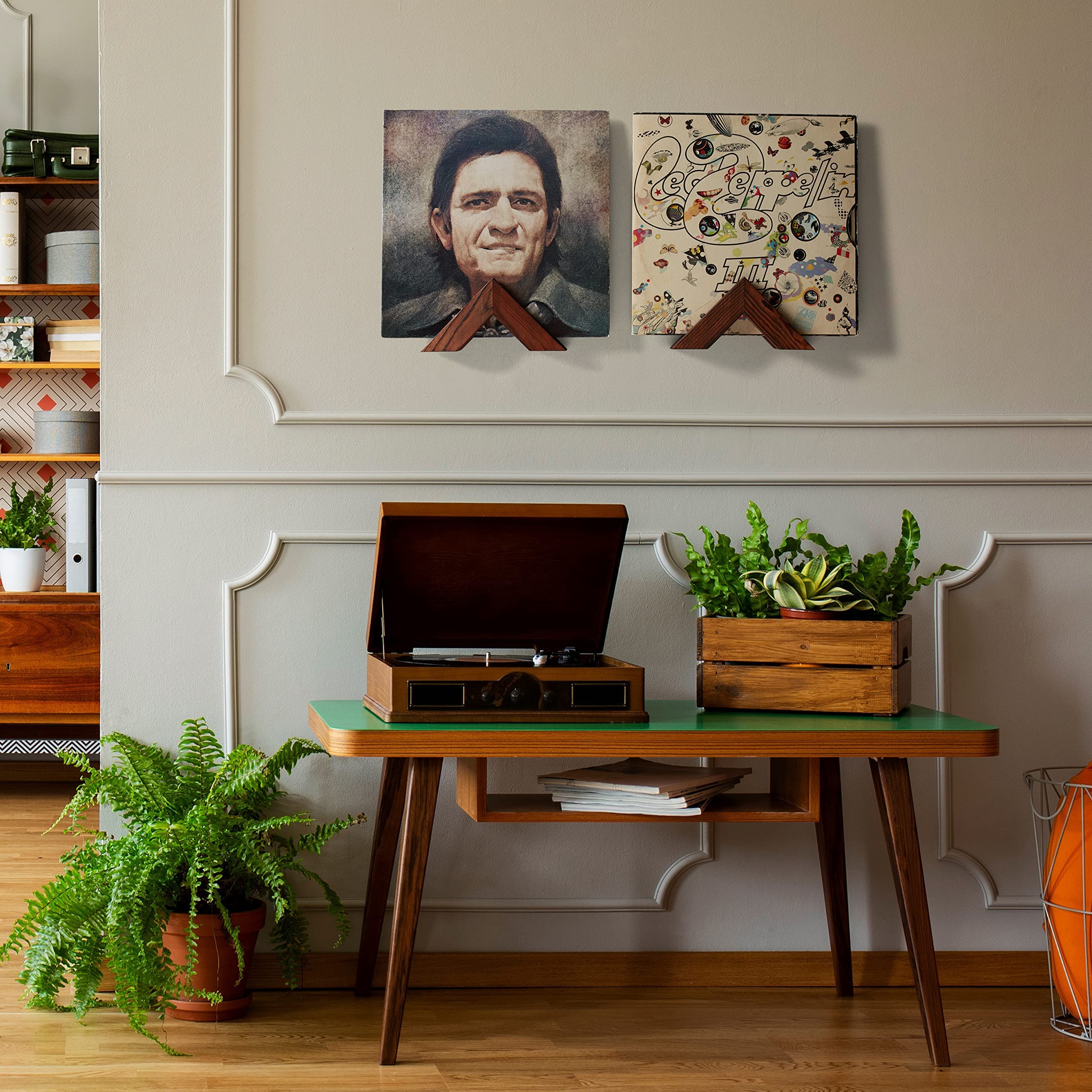 MODERN VINYL Wooden Triangle Wall Mount Set of 2 - Vinyl Record Holder Display - LP Record Vinyl Display - Pine Wood (Brown)