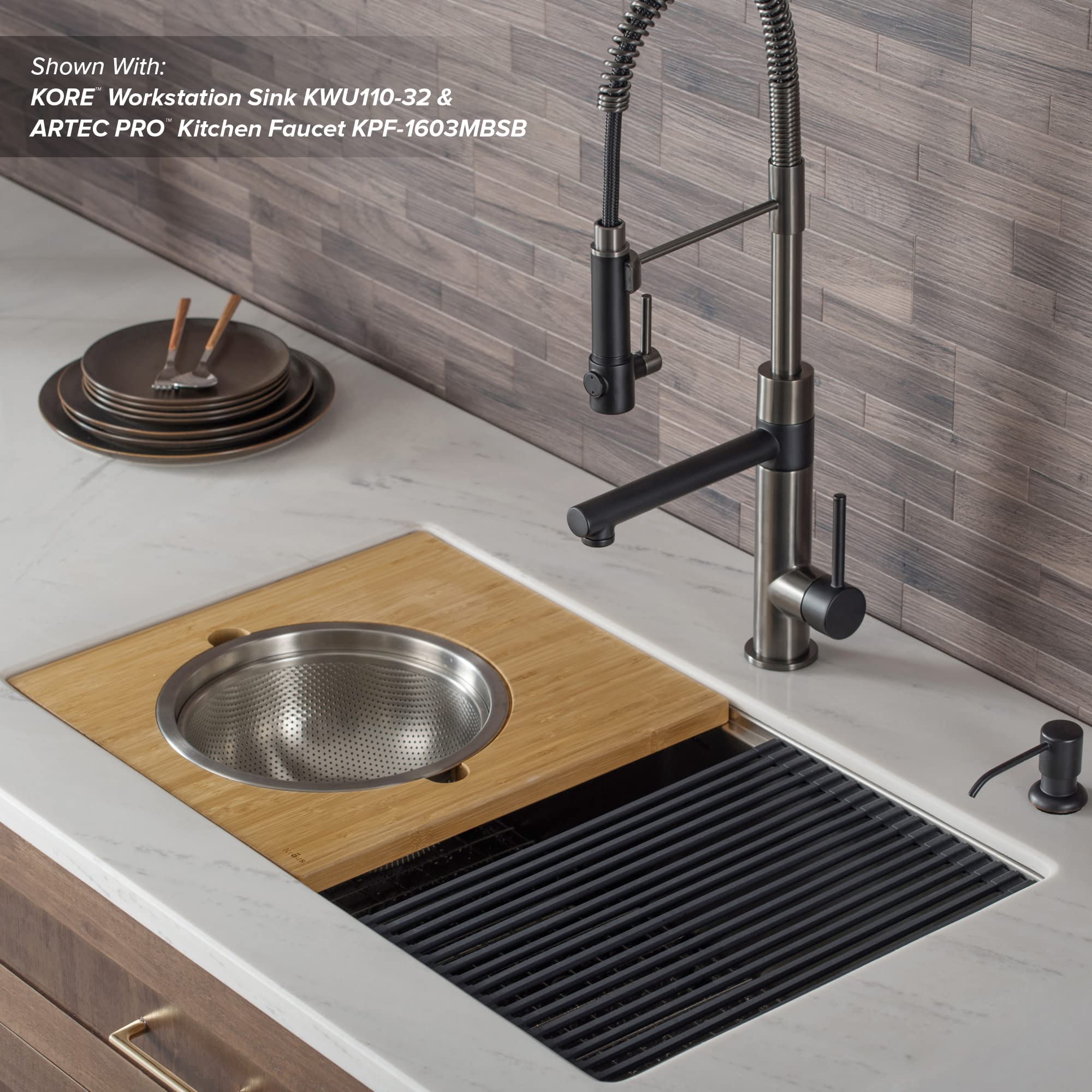 Kraus KSC-1006BB Kore Bamboo Serving Bowl Workstation Sink, 5 Round