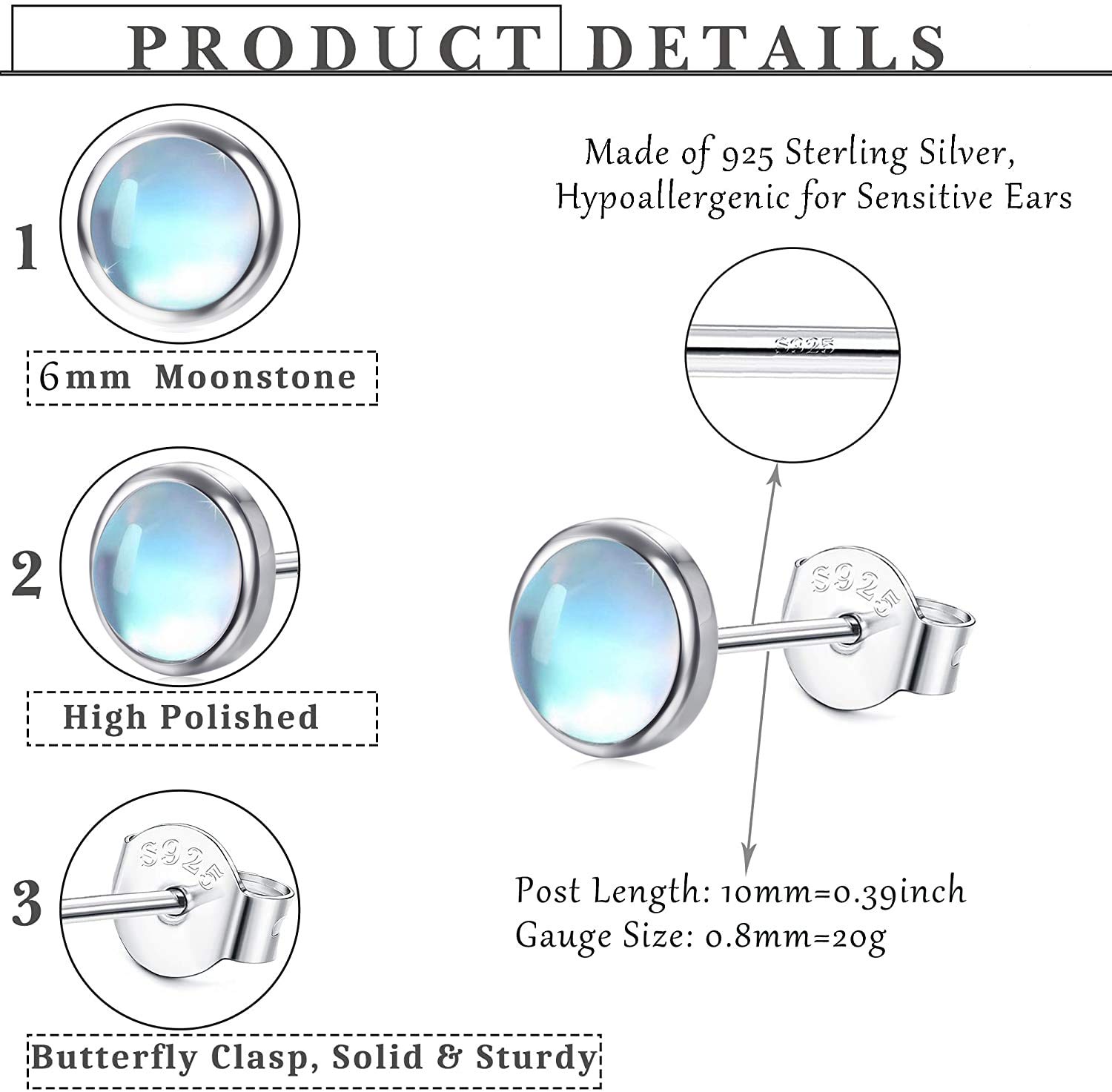 Milacolato 925 Sterling Silver Moonstone Stud Earrings 14K Gold Plated Synthetic Round Shape Moonstone Stud Earrings Small Stud Earrings for Women 6MM