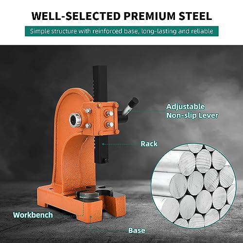 YITAHOME Manual Arbor Press 1 Ton, 5.5 Inch Maximum Height, Heavy Duty Arbor Presses, with Manual Desktop Arbor Press Cast Iron Material, Orange Press Machine for Riveting Punching Holes