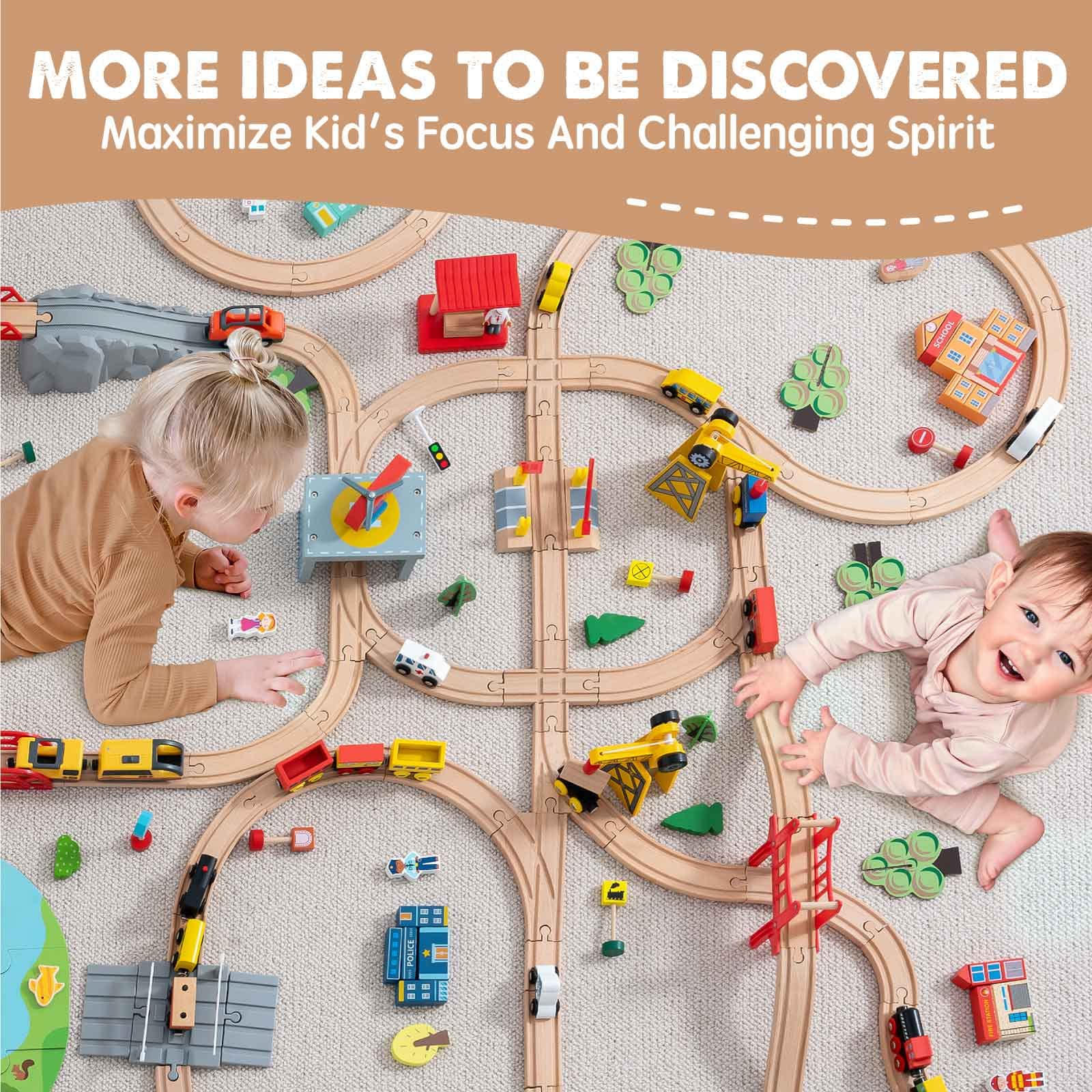 Toddler Toys Wooden Train Set Bundle with 52 Pcs Train Track Expansion