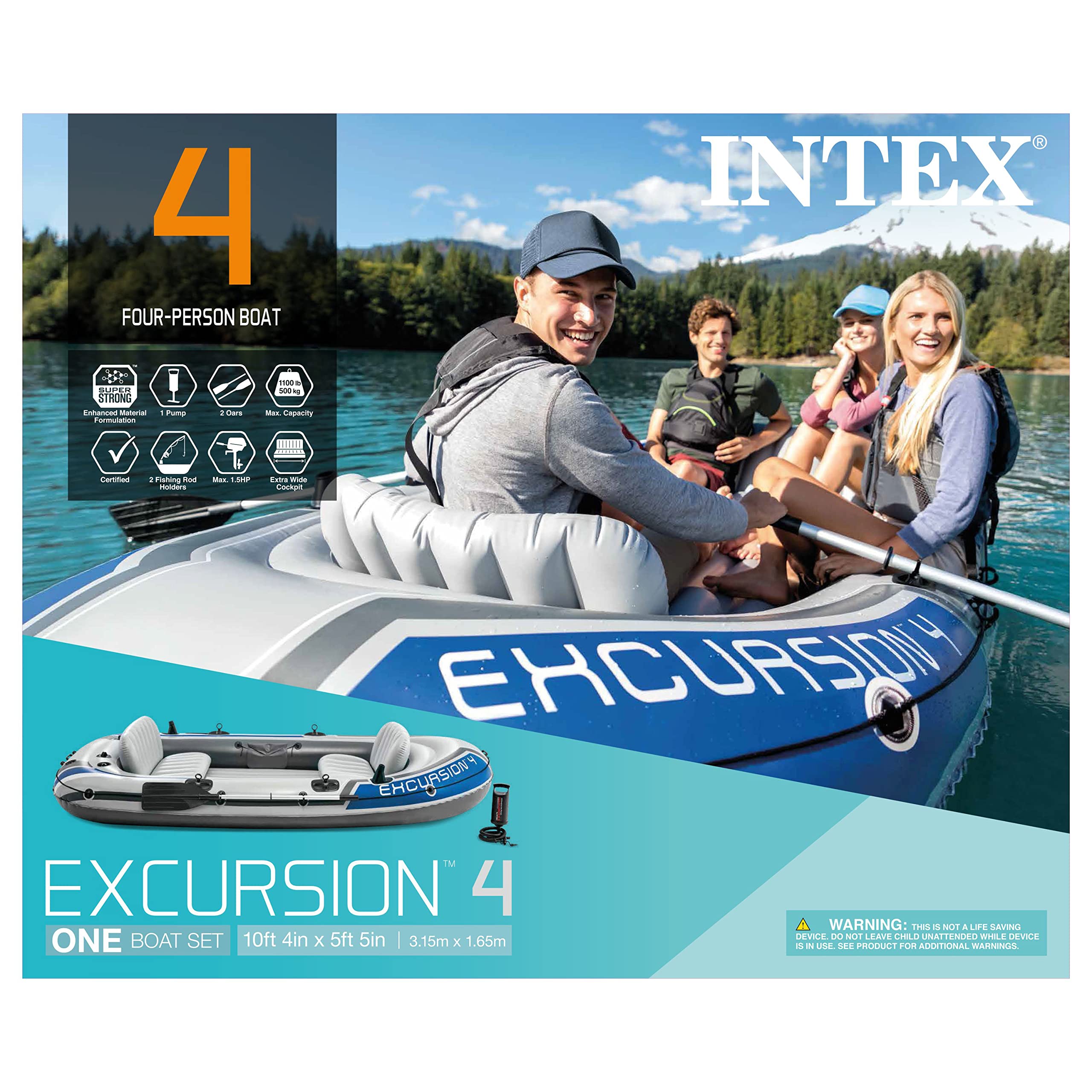 INTEX 68324EP Excursion 4 Inflatable Boat Set: Includes Deluxe 54in Boat Oars and High-Output Pump β Adjustable Seats with Backrest β Fishing Rod Holders β 4-Person β 1100lb Weight Capacity