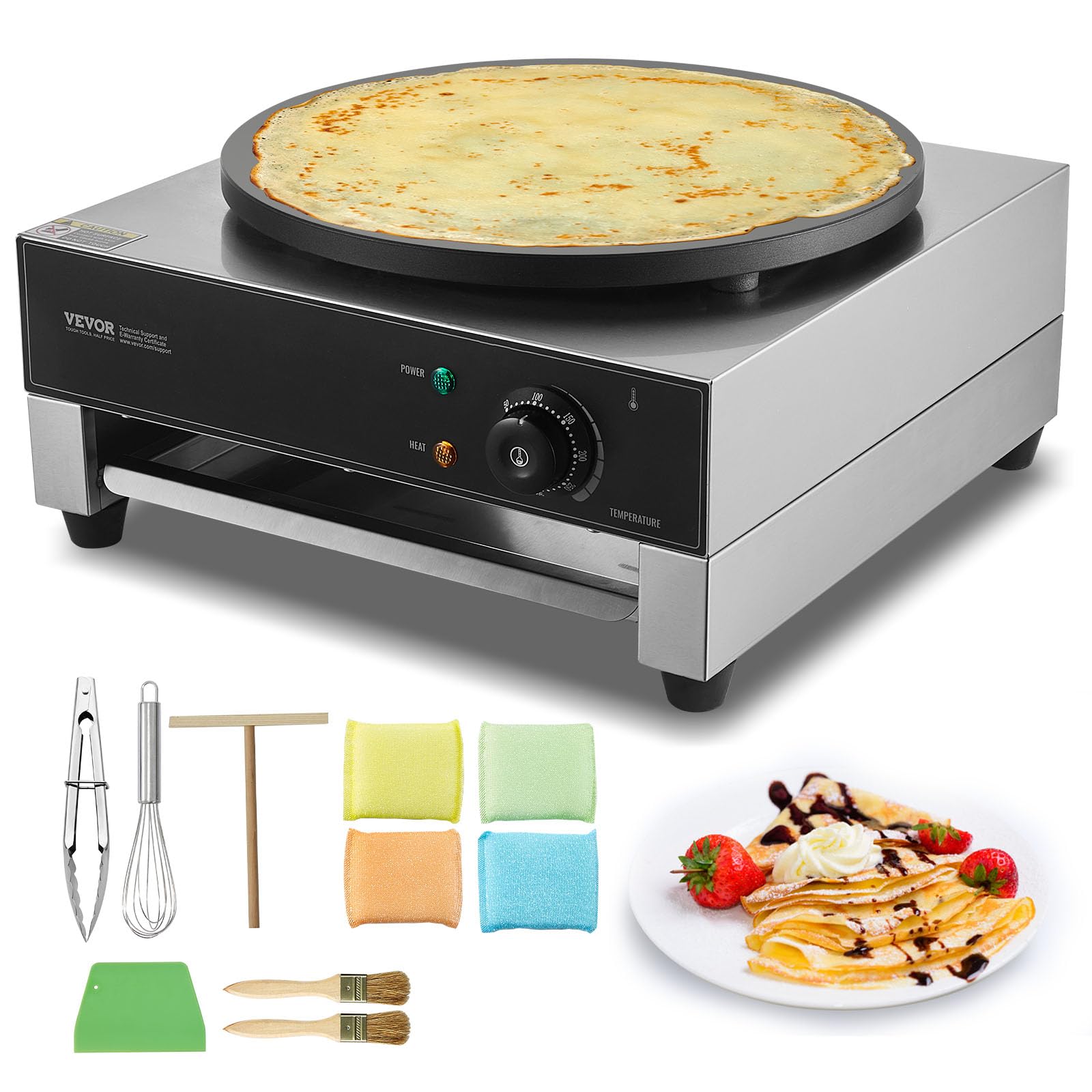 VEVOR Electric Crepe Maker, 16-Inch Commercial Crepe Machine, 1700W Flat Plate Crepe Griddle, Nonstick Stainless Steel Pancake Making Machine, Desktop Circular Cereals Pancake Stove with Temp Control