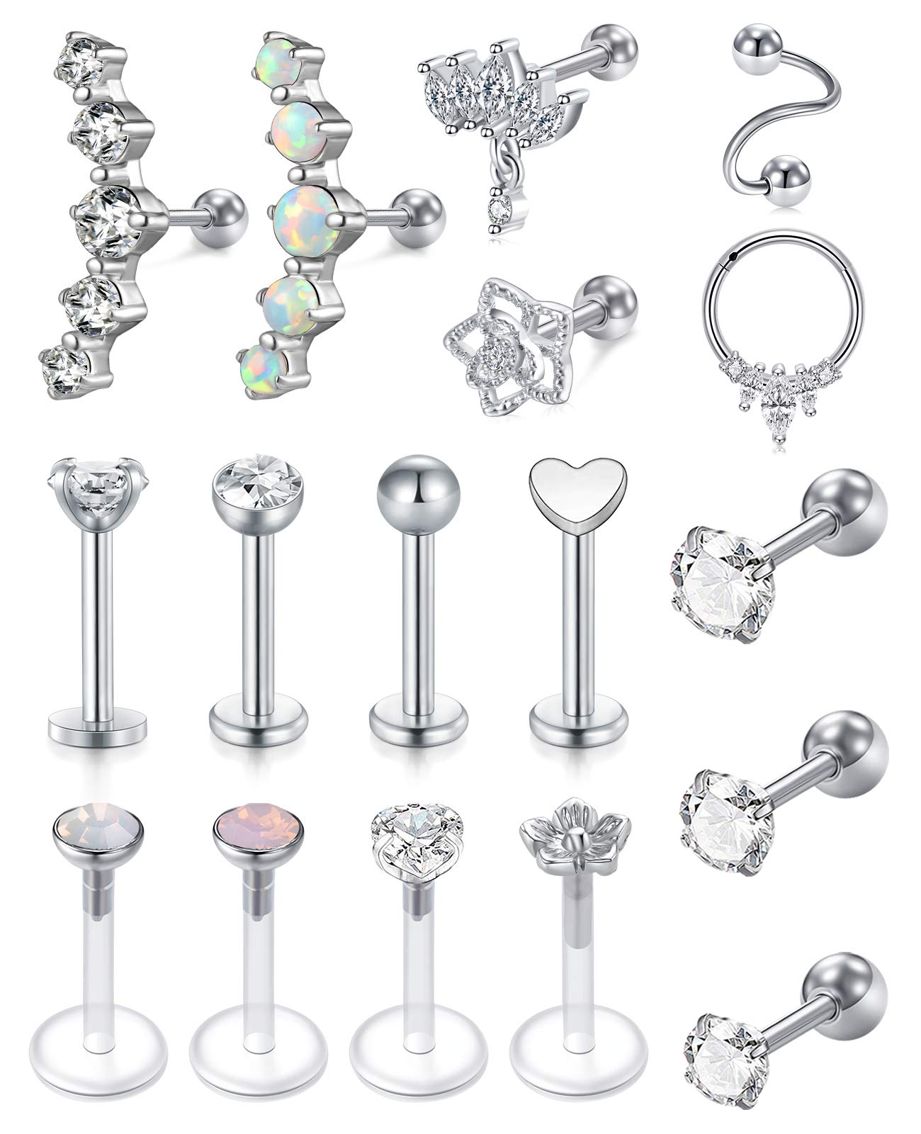 MODRSA 16G Cartilage Piercing Jewelry Tragus Earrings Forward Helix Piercing Jewelry for Women Stainless Steel Cubic Zirconia Stud Earrings Silve