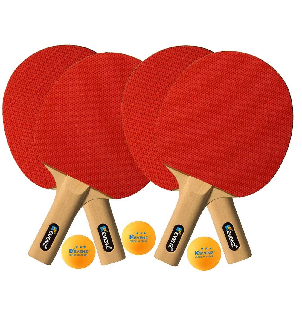 KEVENZ Ping Pong Paddle, Professional Table Tennis Racket, Patented Ping Pong Paddles with Long Handle, Family Ping Pong Racket Pack of 4