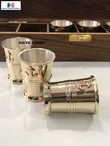 Nautical-Mart Brass Tequila Shot Glass with Anchor Monogram in Handmade Wooden Box β Six Glass Set