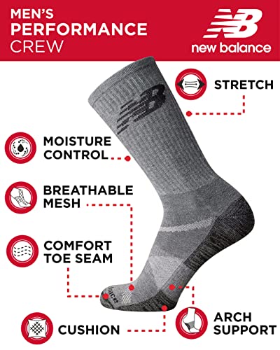 New Balance Men's Athletic Arch Cushion Comfort Crew Socks (5 Pack), Size 6-12.5, Black Logo
